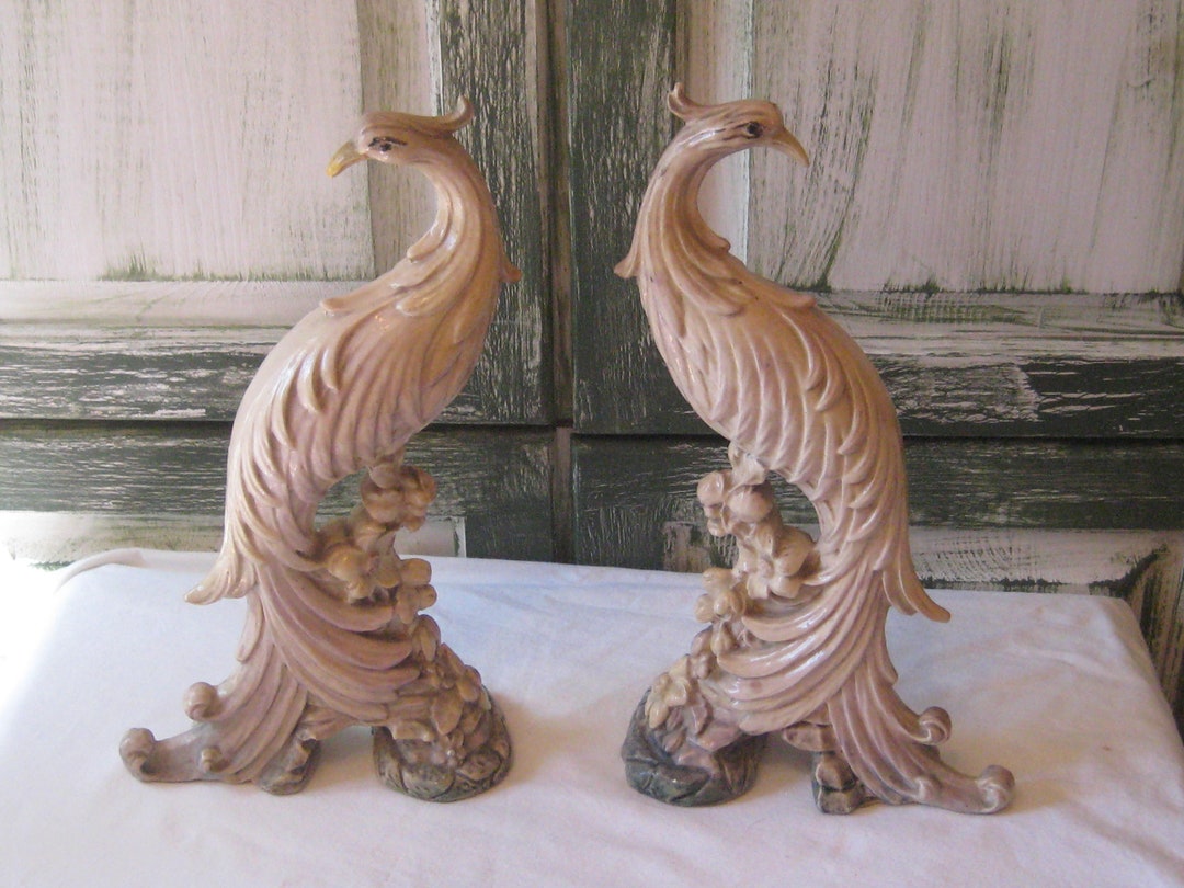 Antique Pair of 14" Exotic Bird Figurines, Tall Large Plaster Bird of ...