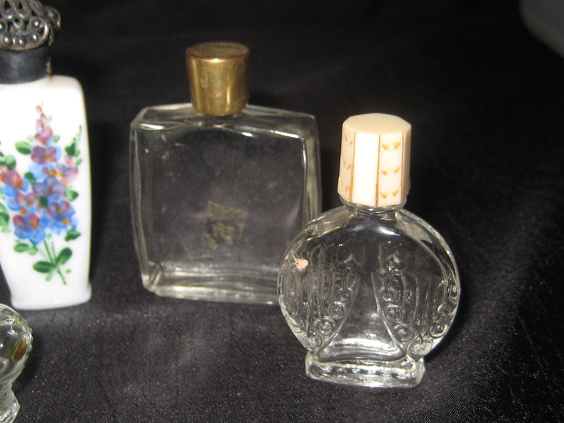 Collection of 6 Tiny Glass Perfume Bottles, Ornate White Ceramic Bottle ...