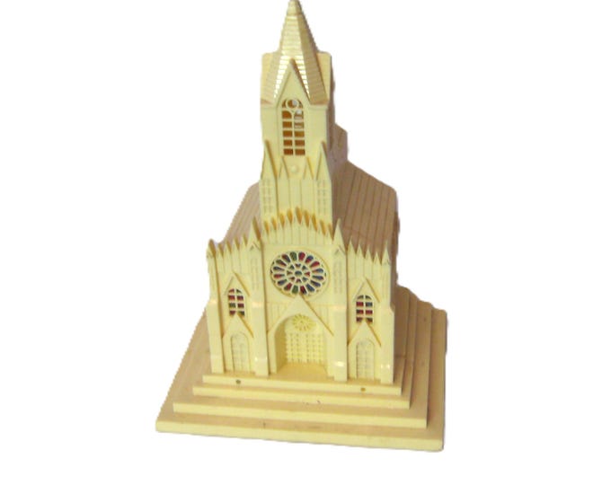 Vintage MCM Plastic Lighted Christmas Church, Ivory Beige, Stained ...