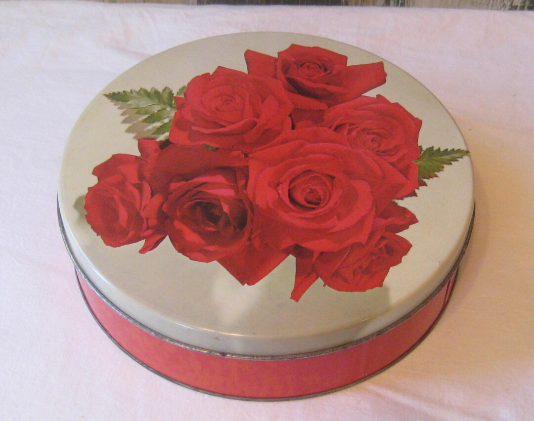 Red Roses Tin Box, Floral Round Metal Box, Large Cookie Candy Tin, Mid ...