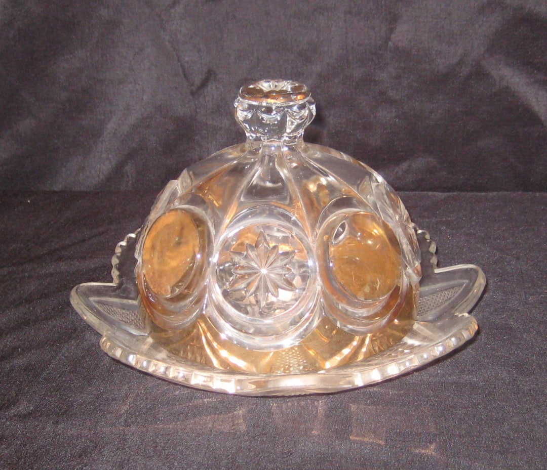 Antique Cheese Ball Plate, Domed Cover, Clear Gold Glass Medallions ...