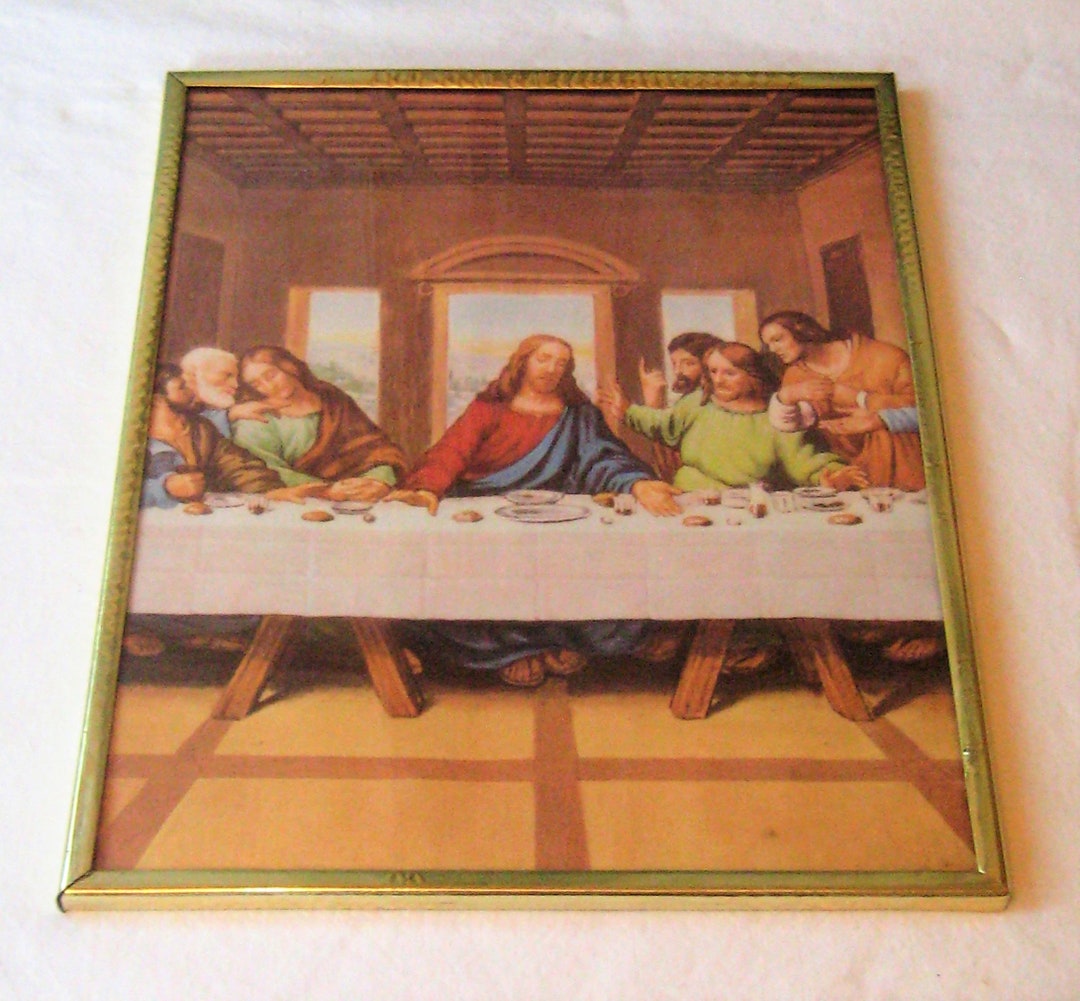 Vintage Framed Last Supper, Thin Gold Metal Frame Glass, Jesus Apostles ...