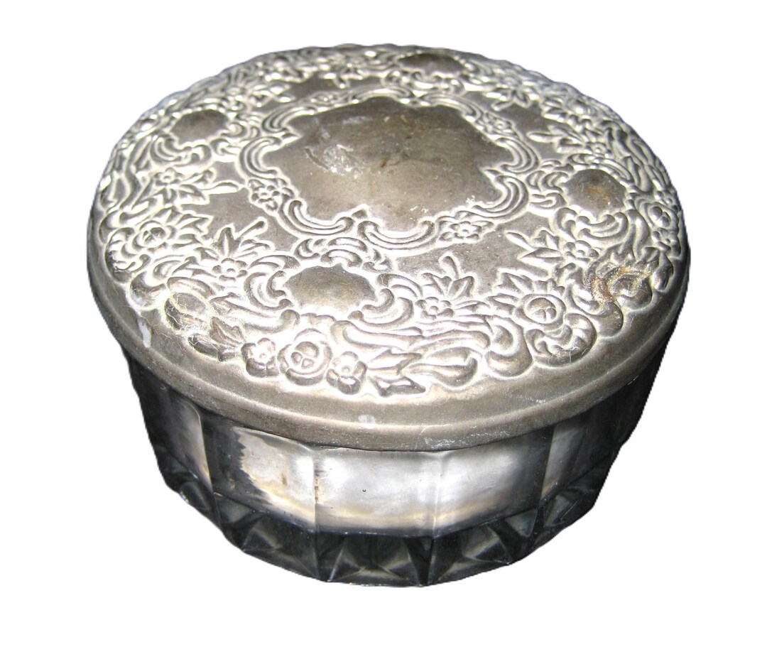 Antique Powder Box Jar, Thick Clear Glass, Ornate Gray Metal Lid, With ...