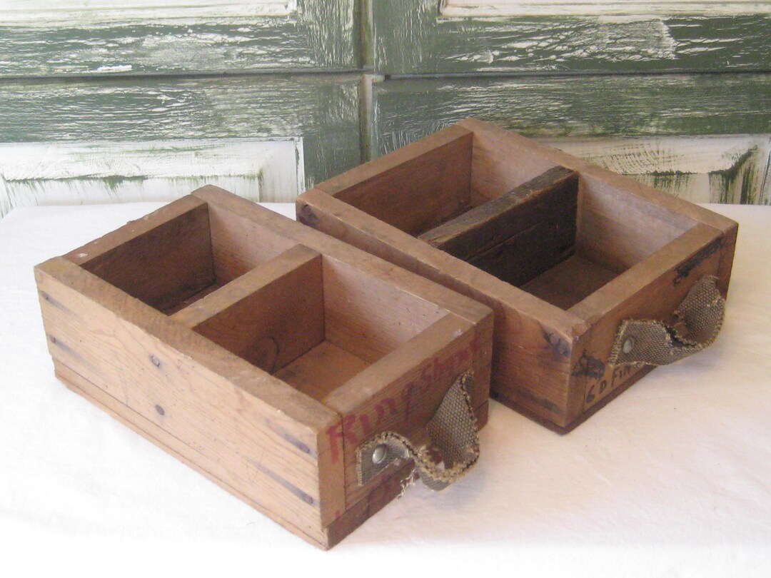 Antique Divided Wood Compartment Box, Canvas Handle, Tool Nail Screw ...