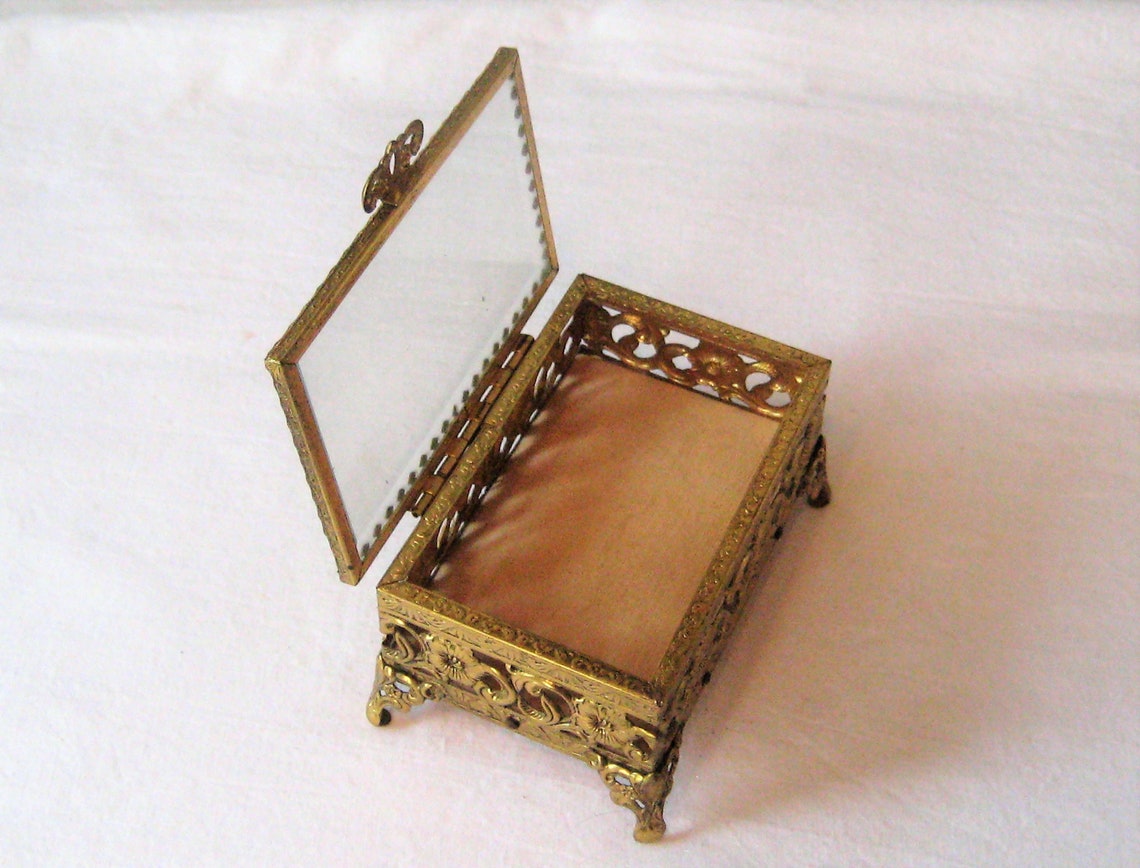 Petite Rectangle Glass Brass Box Gold Metal Box Hinged Lid - Etsy