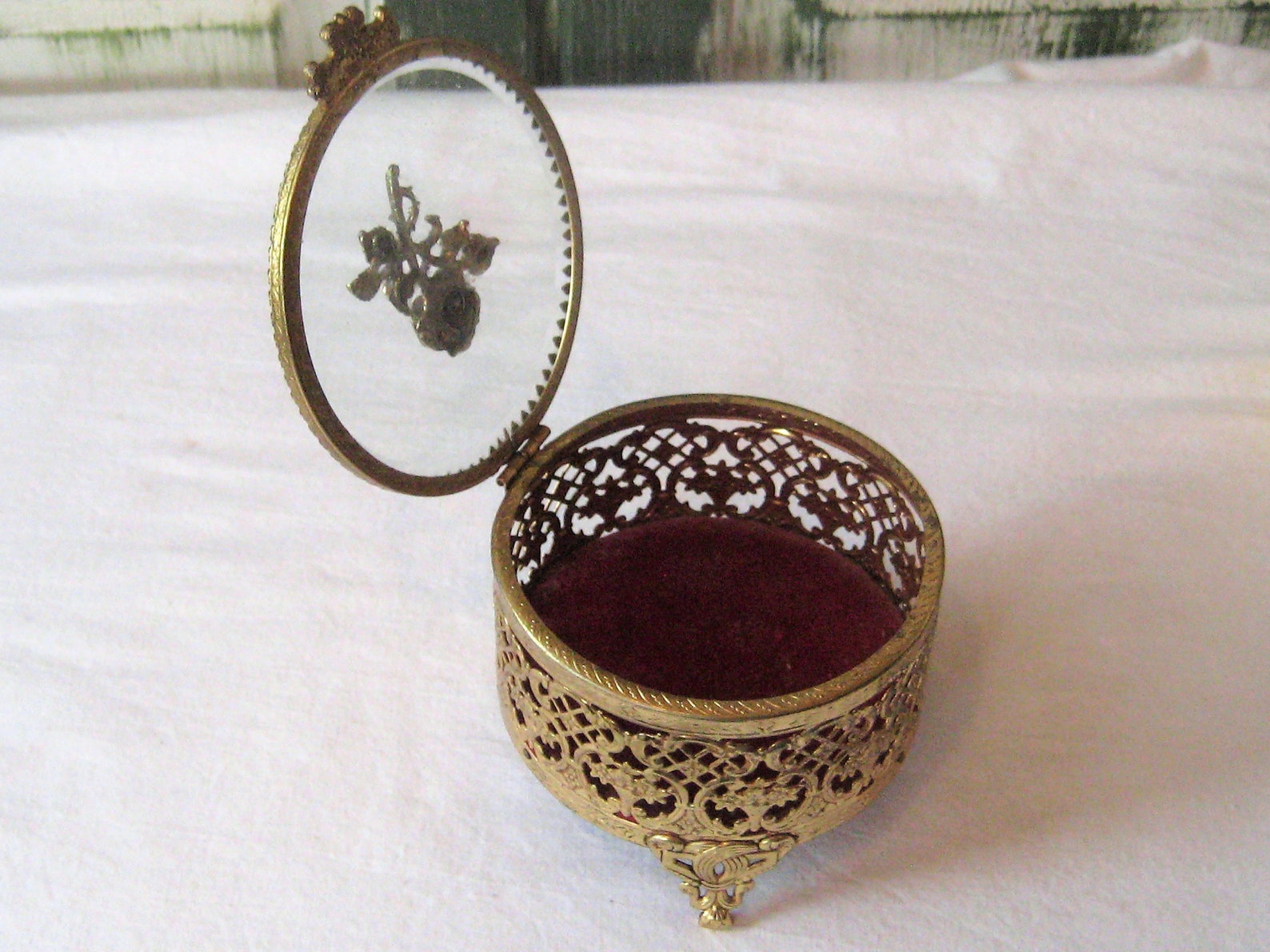 Small Round Glass Brass Metal Box Hinged Lid Ornate Filigree | Etsy