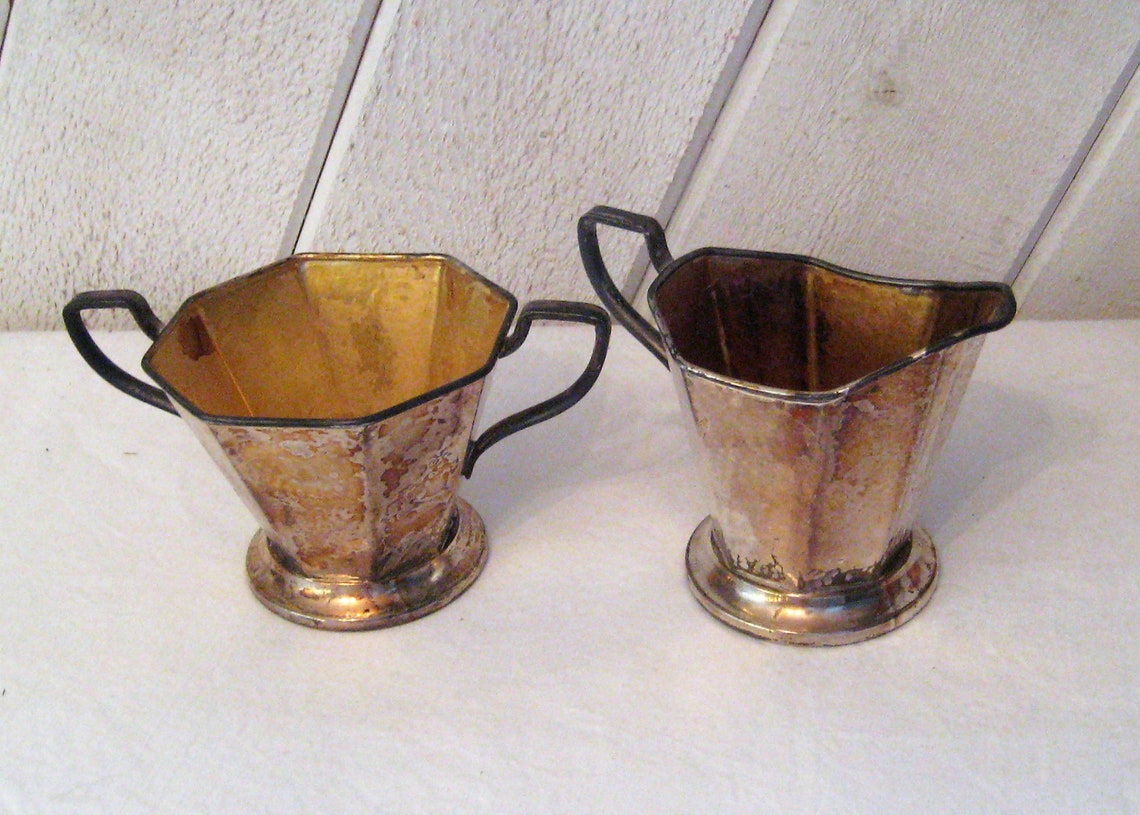 Silver metal creamer and sugar bowl set antique Silvercraft | Etsy