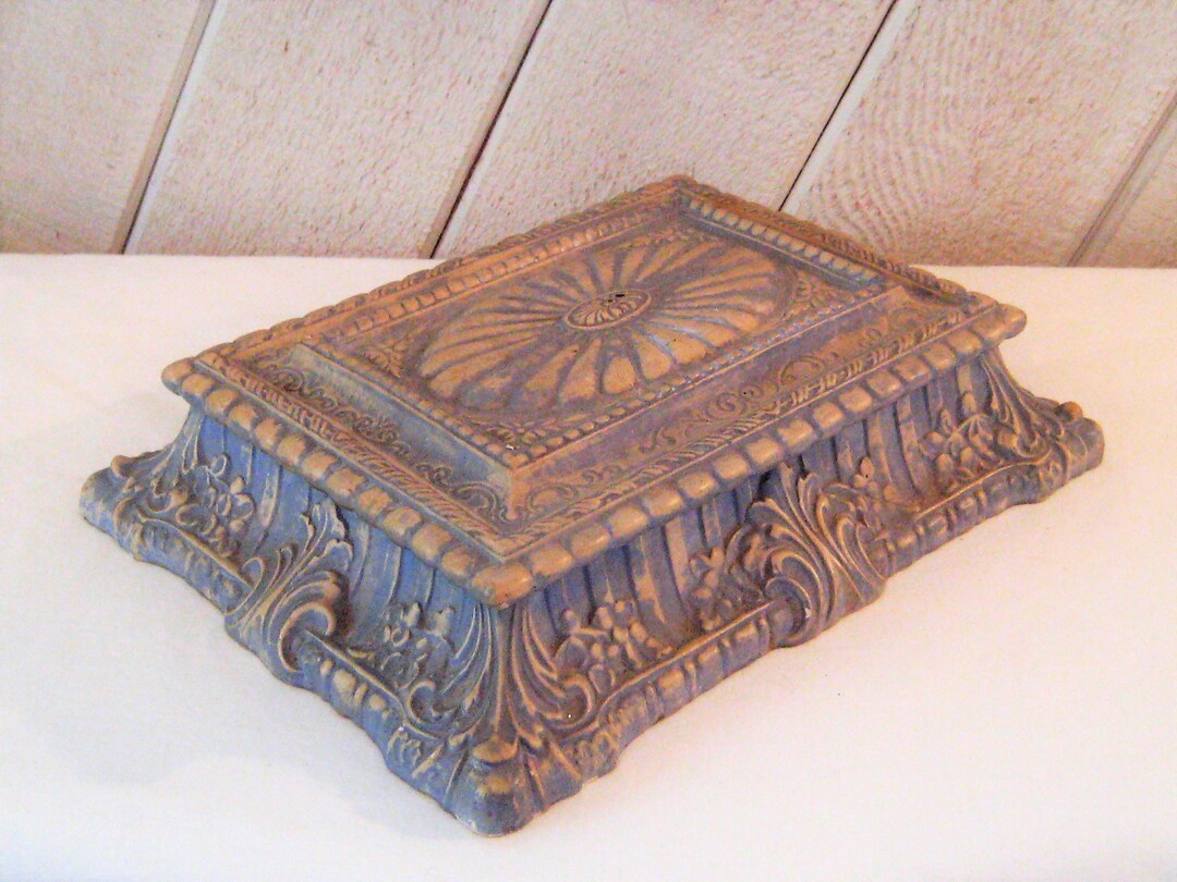 Vintage Ceramic Lidded Box, Large Steel Blue Gray Beige, Ornate Lidded ...