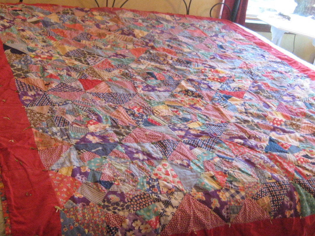 Antique Red Patchwork Quilt, Vintage Hand Made Tied, Colorful Geometric ...