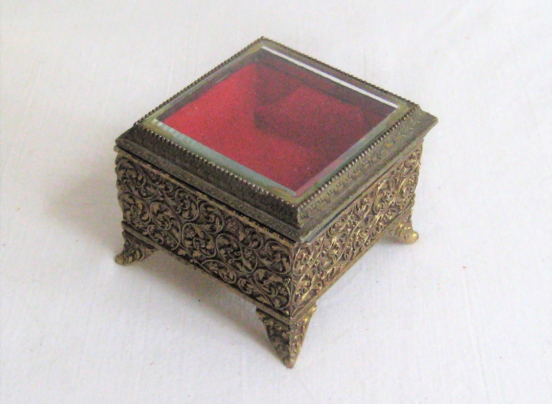 Small Brass Metal Box, Lift off Clear Glass Lid, Lidded Petite Box With ...