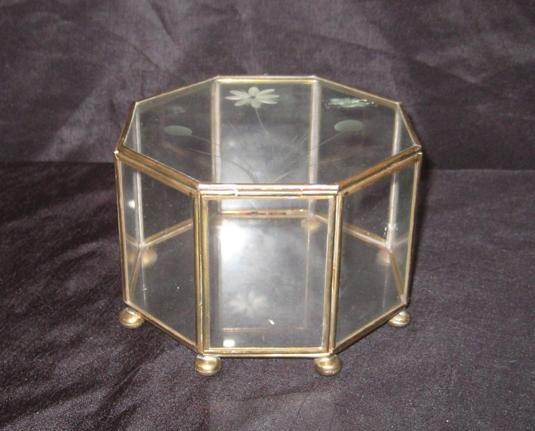 Octagon Brass Glass Box, Large Size, Hinged Lid, Footed Eight Sided Box ...