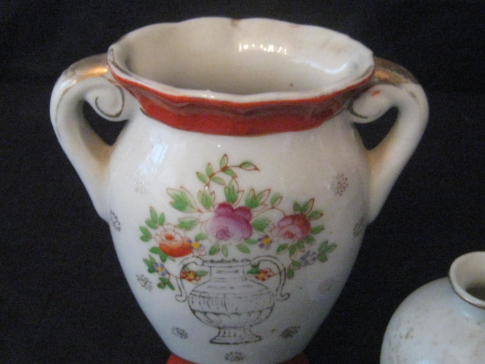 Pair of Antique Petite Vases, Small Double Handle Urn Vase, Orange ...