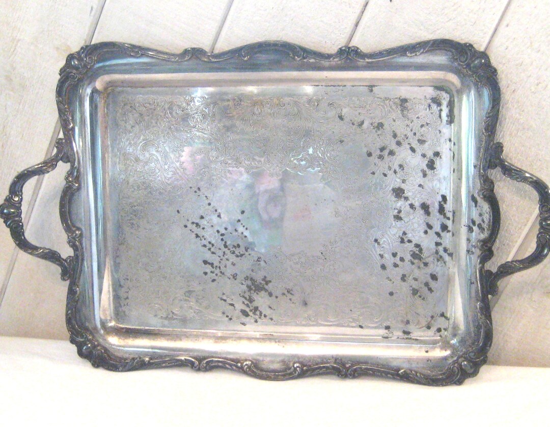 Antique Large Ornate Silverplate Tray, Rectangle Double Handles Silver ...