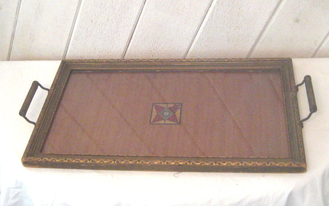 Antique Decorative Tray, Large Rectangle Ornate Wood Frame With Handles ...