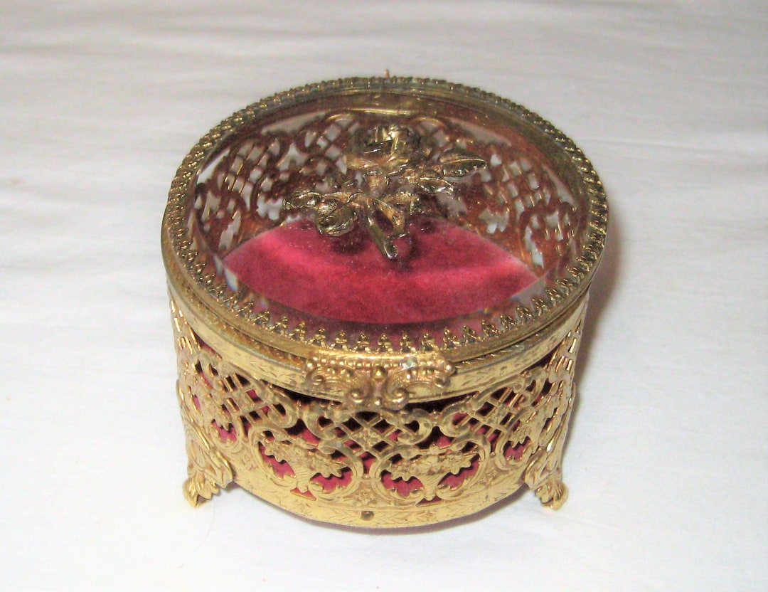 Small Round Glass Brass Metal Box, Hinged Lid, Ornate Filigree Gold Box ...