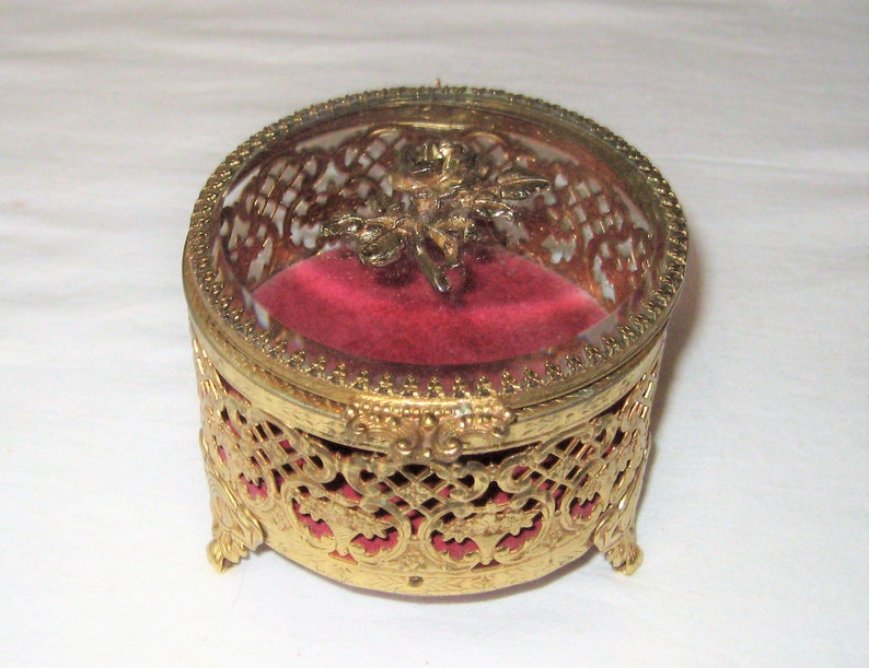 Small Round Glass Brass Metal Box Hinged Lid Ornate Filigree | Etsy