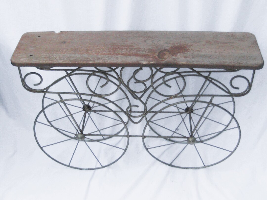 Vintage Wood Brass Bench Plant Stand, Ornate Curvy Scrolled Metal ...