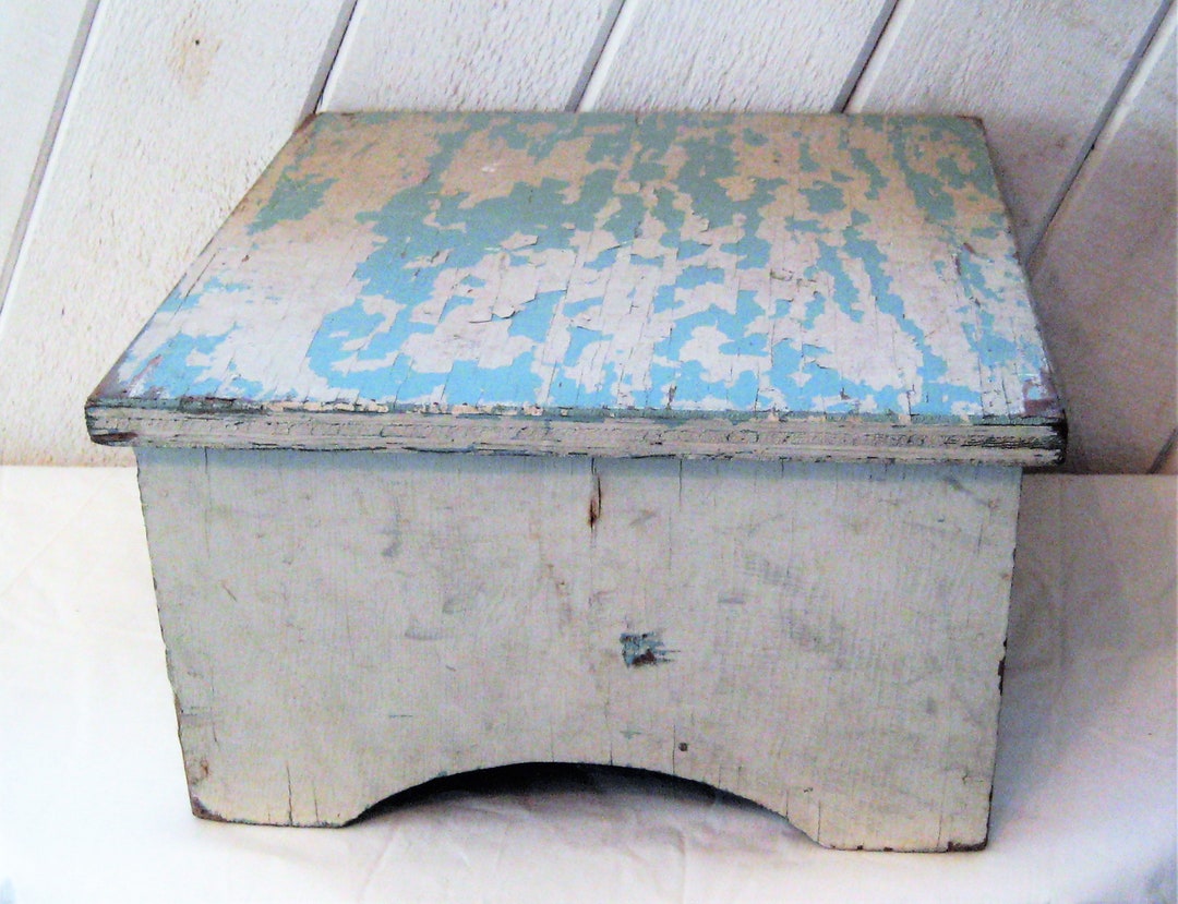 Large Wood Rustic Foot Stool, Wooden Step Stool, Aqua Blue, Light Gray ...