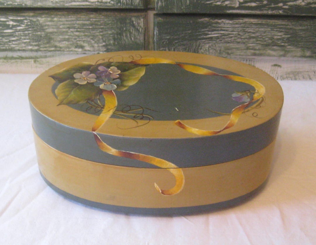Vintage Hand Painted Oval Wood Box, Hinged Lid, Mustard Yellow Teal ...