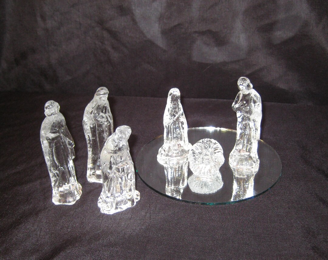Vintage Clear Glass Nativity Set, Round Mirror Tray, 80s 90s, Boxed Set ...