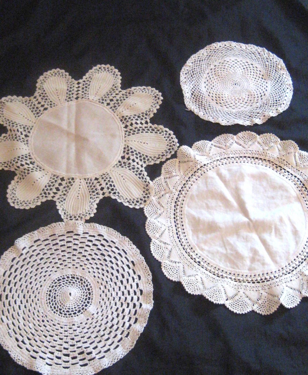 Antique Collection Crochet Doilies on Cotton Fabric, Lot of 4 Round ...