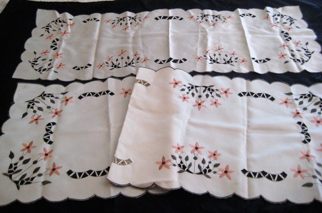 Pair of Embroidered Runners, Peach Floral Runners, Ivory Bedroom Runner ...