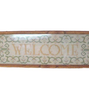 Vintage Embroidered Welcome Sign, Cross Stitch Farmed Wall Sign Beige ...