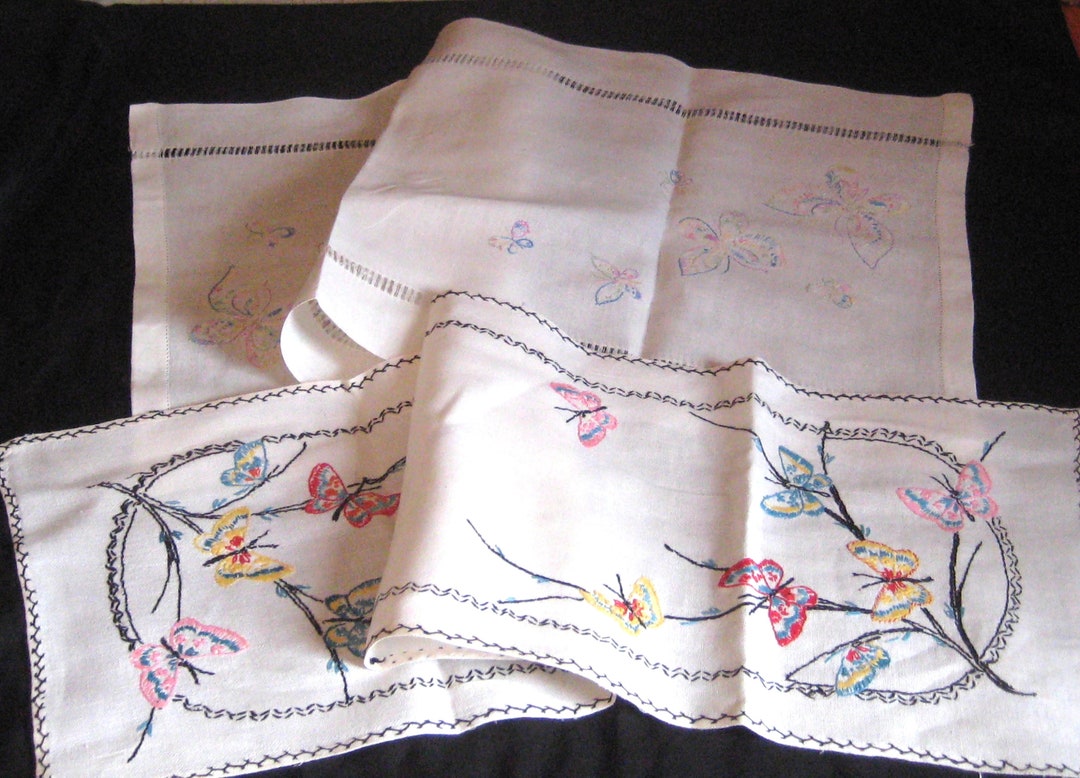 Collection of Antique Embroidered Runners, Butterfly Table Runners ...