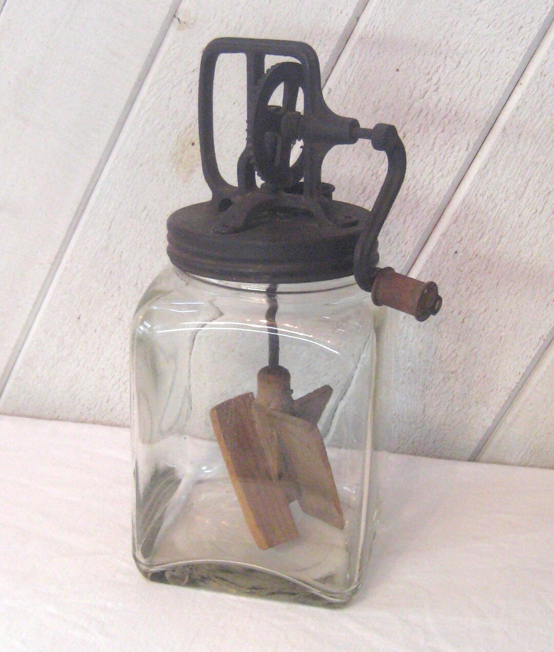 Antique Butter Churner, Hand Crank, Wood Paddles, Heavy Thick Clear ...