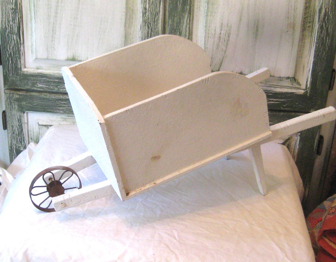 Antique White Wood Wheelbarrow With Ornate Metal Wheel, Vintage ...