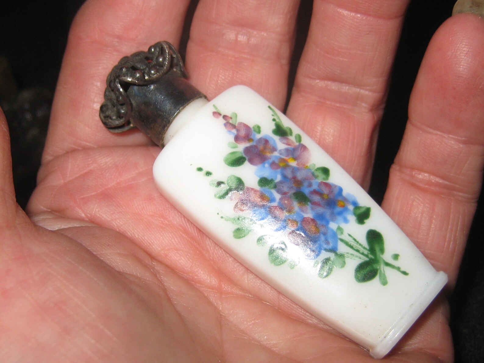 Collection of 6 Tiny Glass Perfume Bottles, Ornate White Ceramic Bottle ...
