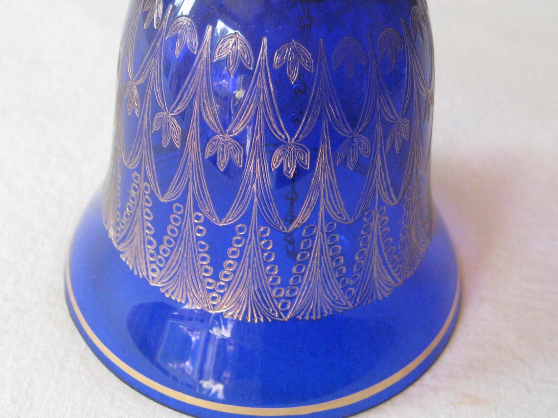 Cobalt Blue Glass Bell, Gold Filigree, Clear Glass Ornate Handle, Czech ...