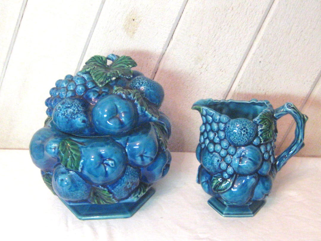 Antique Cookie Jar Pitcher, Blue Mood Indigo Fruit, Inarco Made in ...