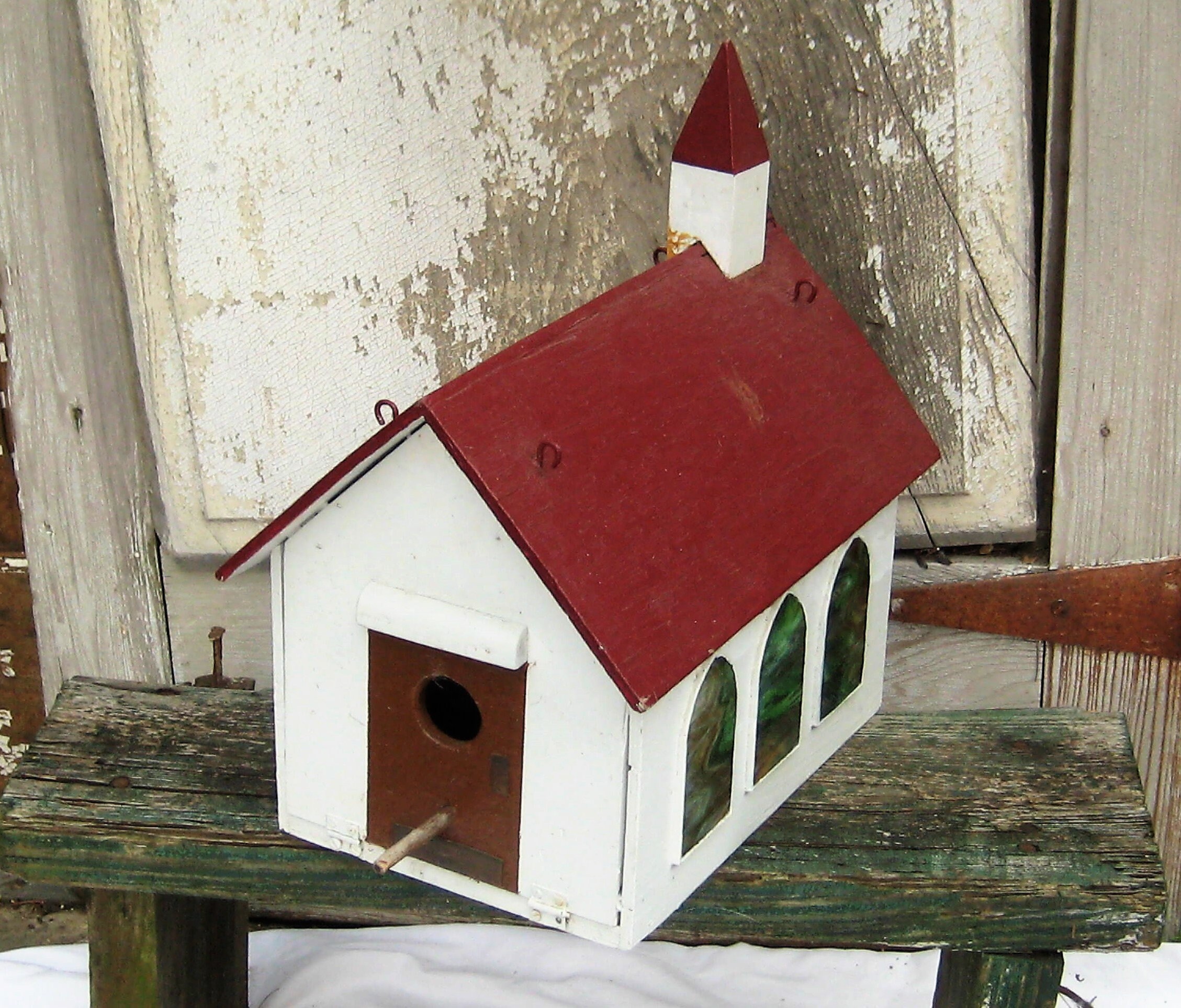 Antique Wood Church Birdhouse, Steeple Stained Glass Windows, Hinged ...
