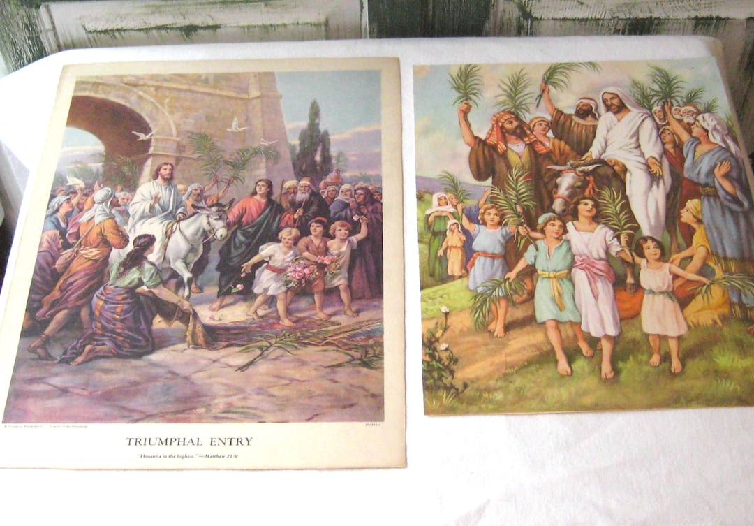 Antique Lithographs, Welcoming Jesus Palm Sunday, Christ on Donkey ...
