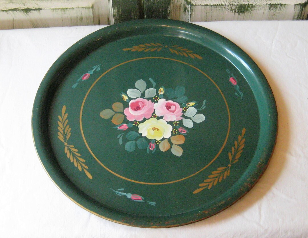 Antique Green Metal Tray, Round Floral Tray, Tole Hand Painted Flowers ...