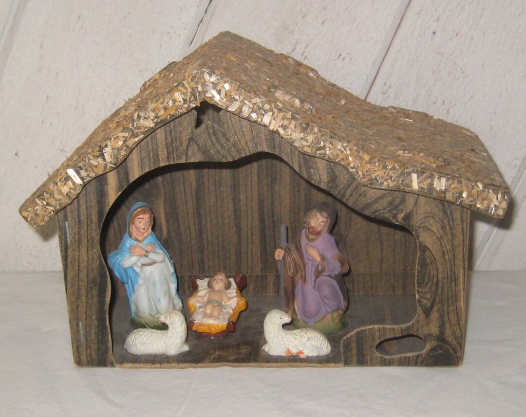 Vintage Nativity Set, Small Petite, Brown Cardboard Manger Barn ...