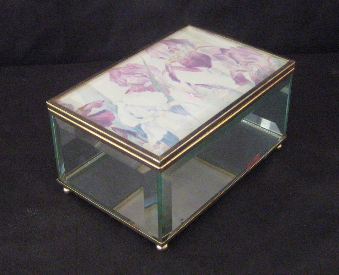 Vintage Glass Brass Box With Mirror Bottom, Pink White Flowers Iris ...