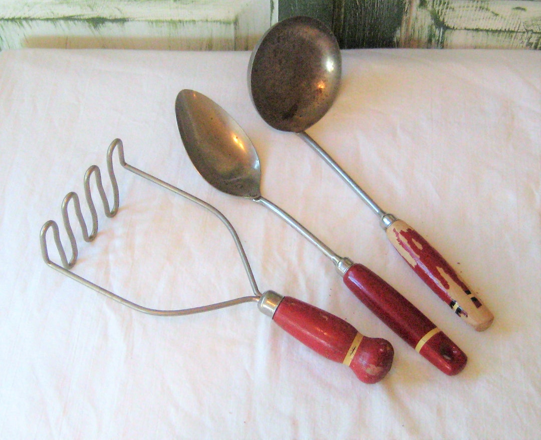 Antique Kitchen Utensils, Red Wood Handle, Ladle Cooking Spoon Potato ...