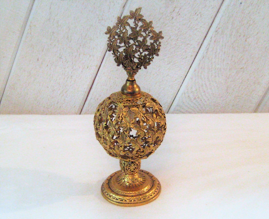 Antique Brass Perfume Bottle, Extra Ornate Gold Metal Perfume Container ...