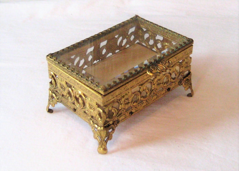 Petite Rectangle Glass Brass Box Gold Metal Box Hinged Lid - Etsy