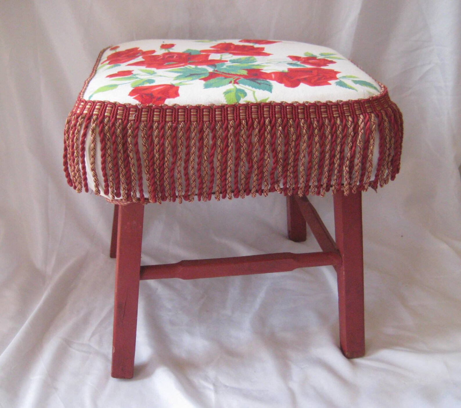 Red Foot Stool With Red Roses and Fringe Upholstered Stool - Etsy