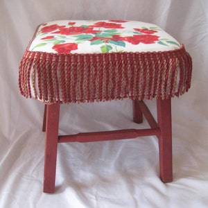 Red Foot Stool With Red Roses and Fringe, Upholstered Stool, Vintage ...