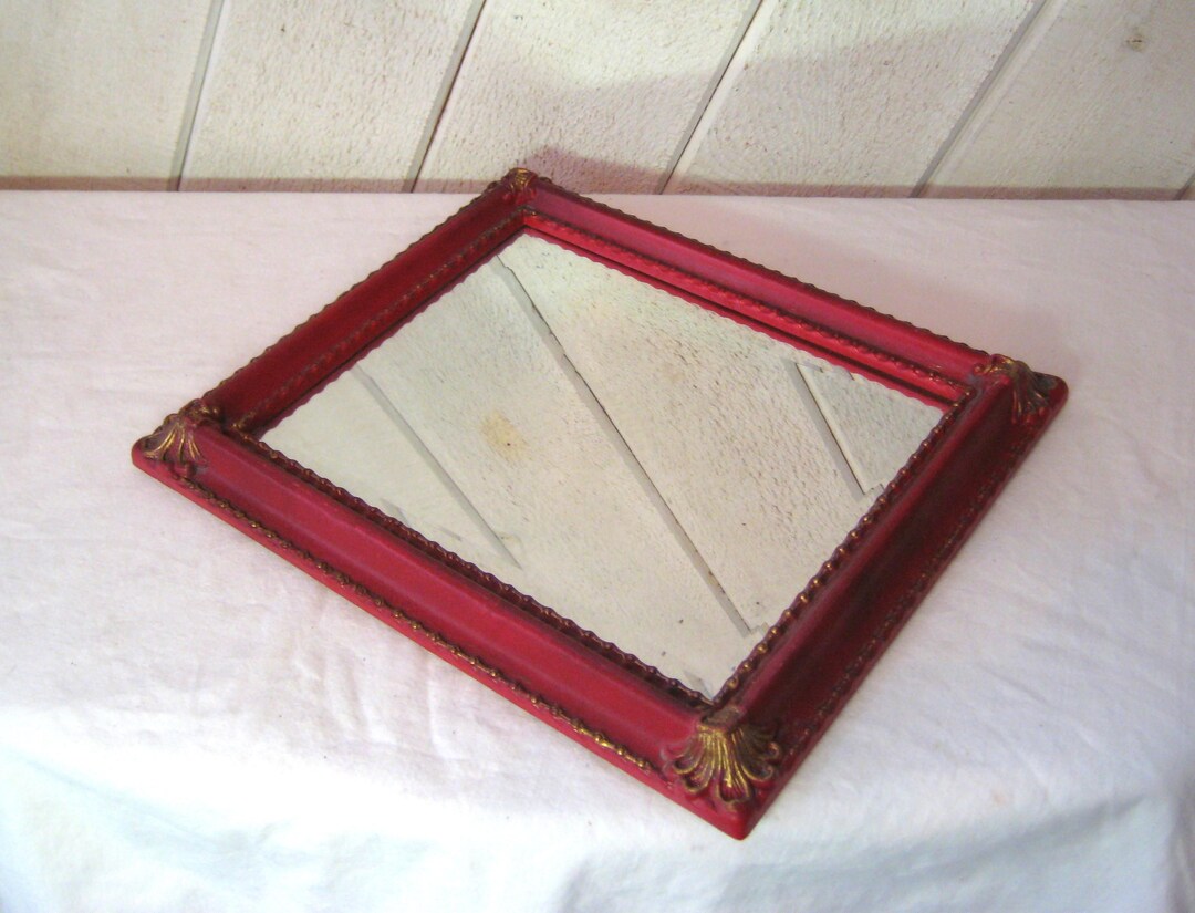 Vintage Framed Beveled Mirror, Cranberry Red Plastic Frame With Gold ...
