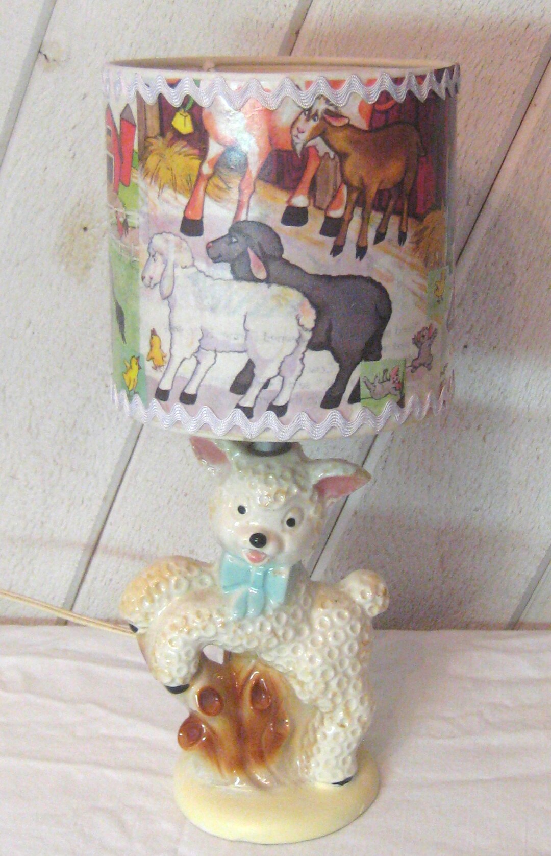 Antique Ceramic Lamb Table Lamp, Kids Childs Handmade Decoupaged Lamp ...