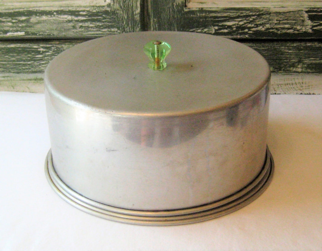 Antique Aluminum Cake Cover Platter, Green Uranium Glass Knob, Retro ...