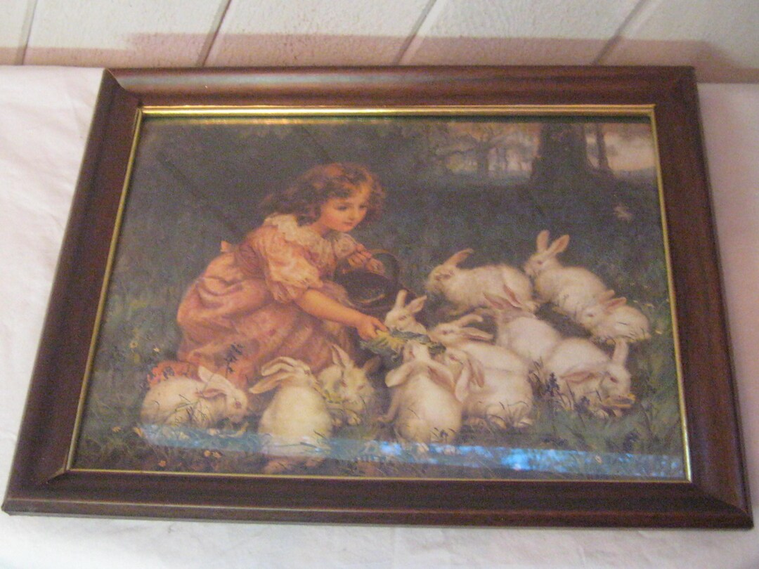 Vintage Framed Print Young Girl Feeding Rabbits, White Long Eared Bunny ...