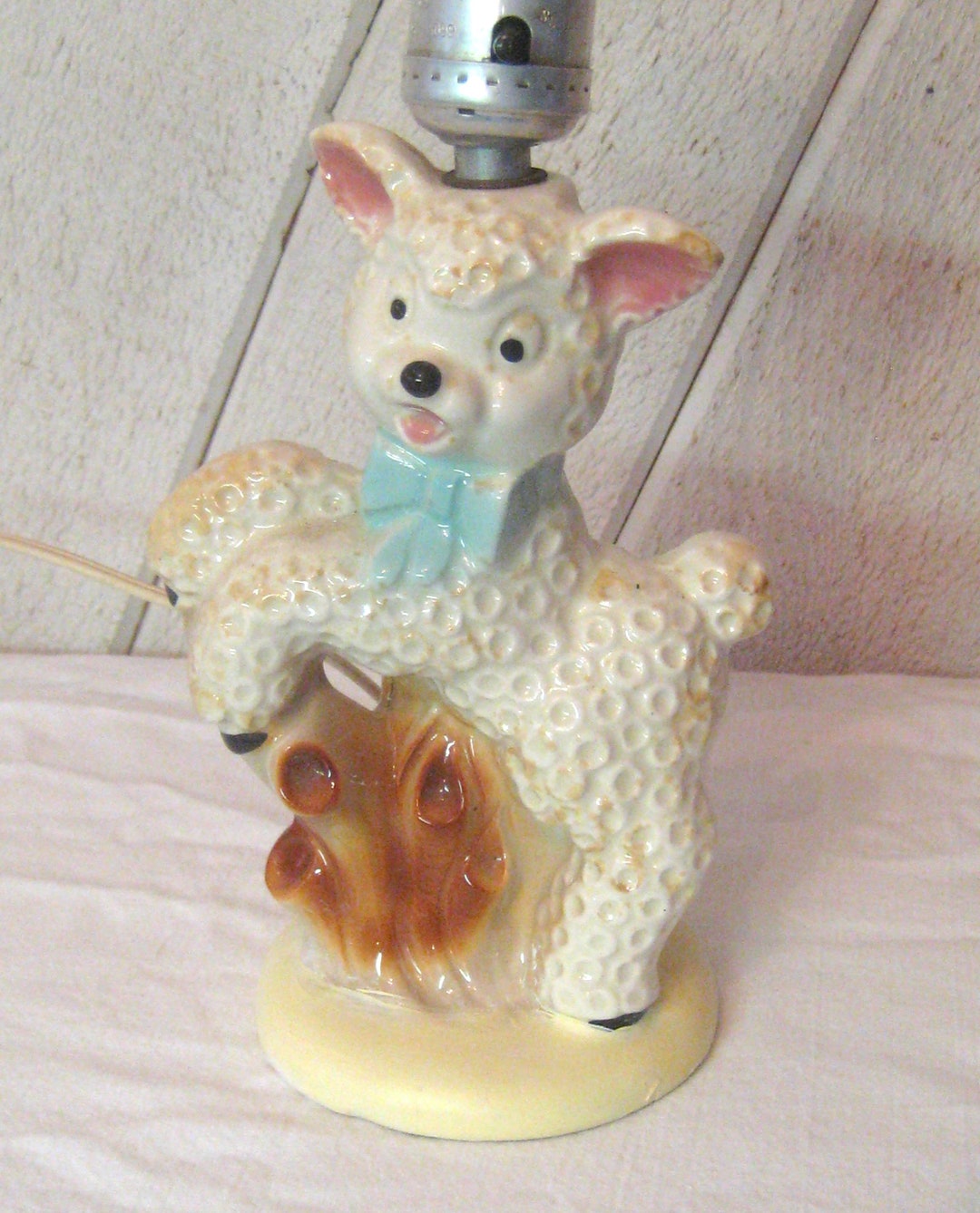 Antique Ceramic Lamb Table Lamp, Kids Childs Handmade Decoupaged Lamp ...