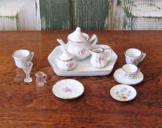 Vintage Tiny Tea Set Toy Doll House Set of Ceramic Dishes Teapot Sugar Creamer Plates Cups Tray White Pink Floral 60s 70s Etsy Canada