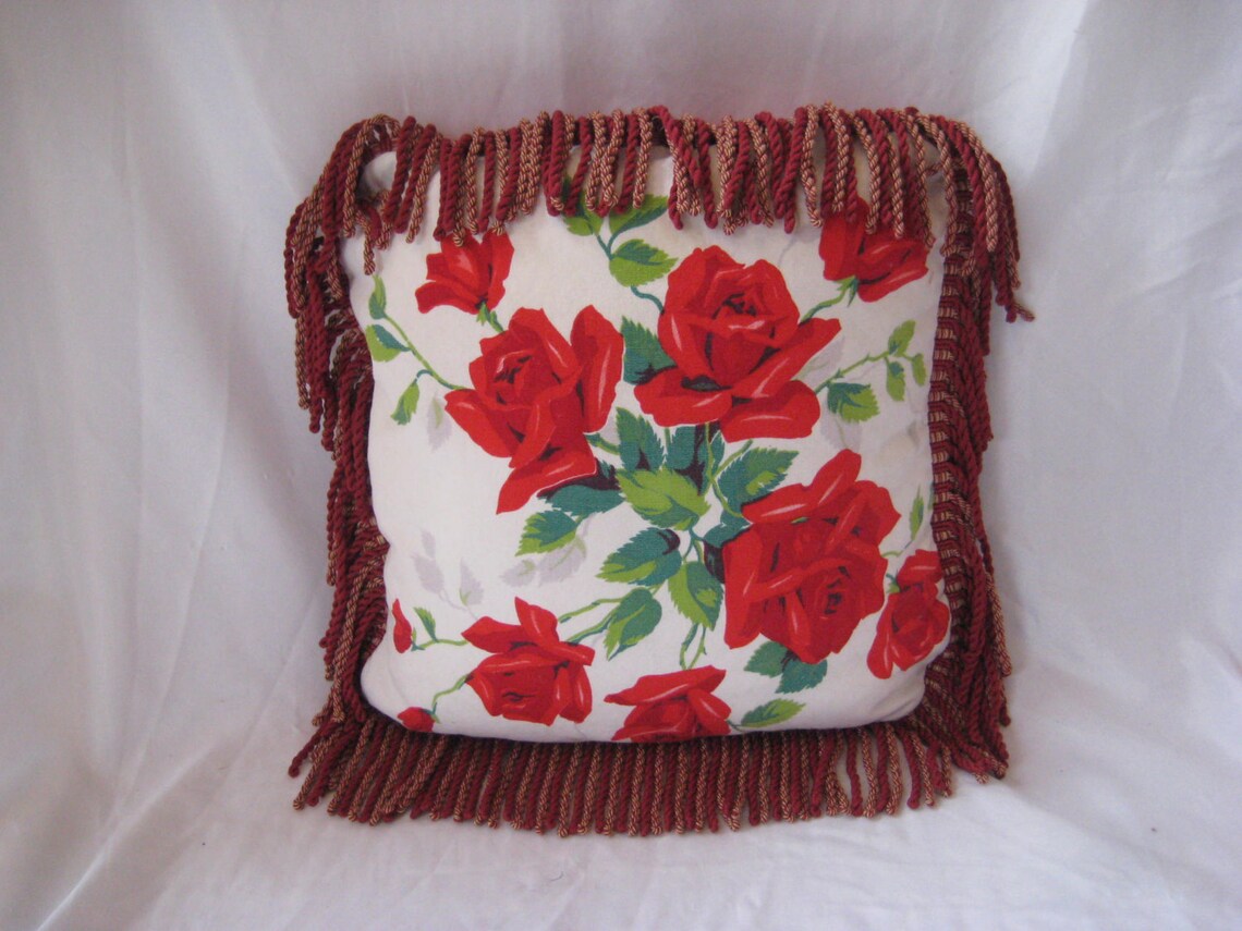 Red Foot Stool With Red Roses and Fringe Upholstered Stool - Etsy